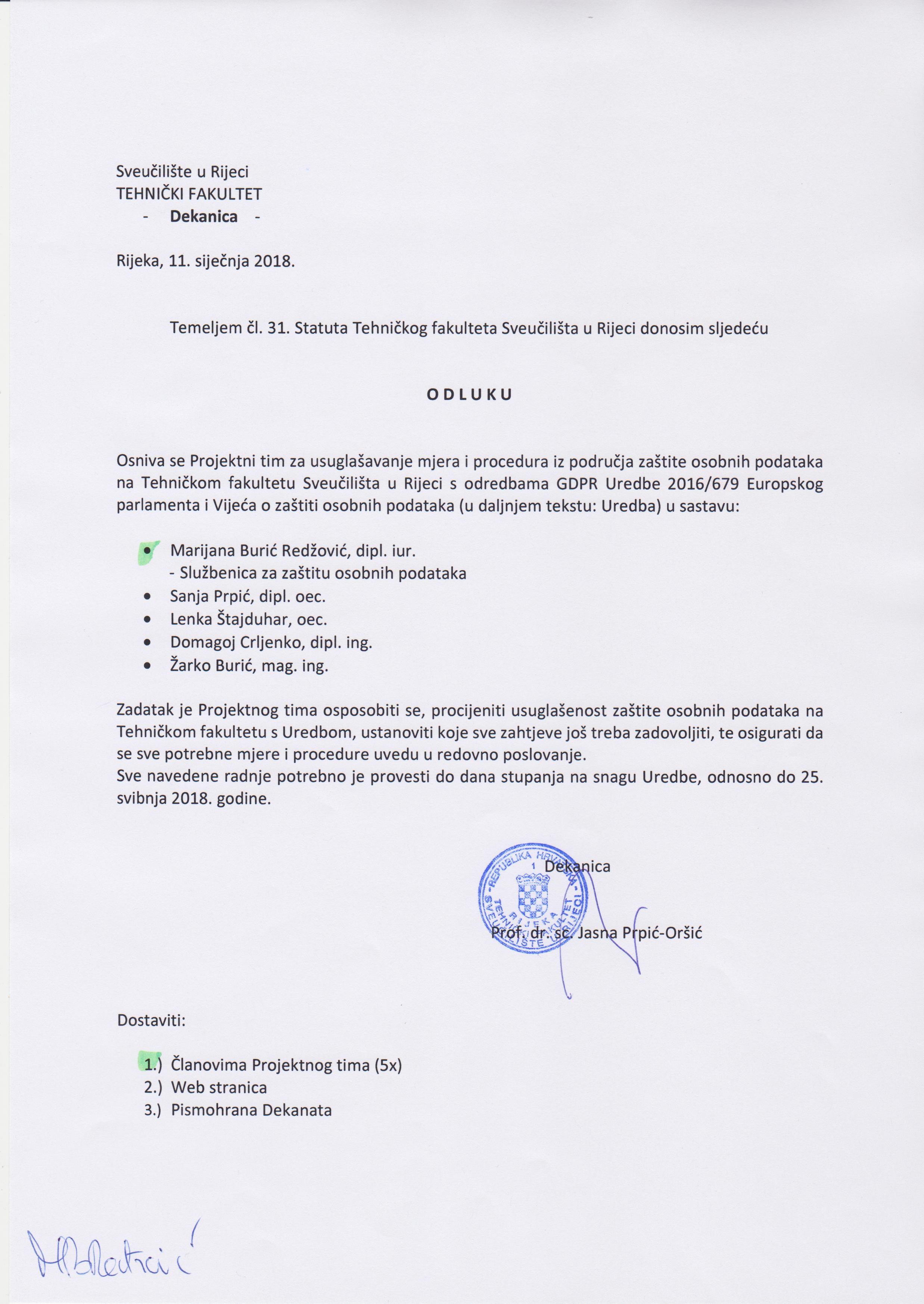 Odluka o osnivanju Projektnog tima GDPR